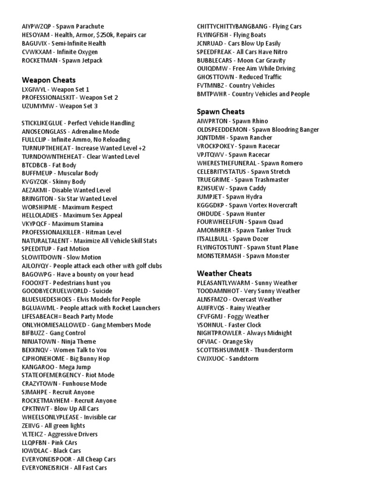 GTA San Andreas Cheats | PDF | Vehicles | Transport