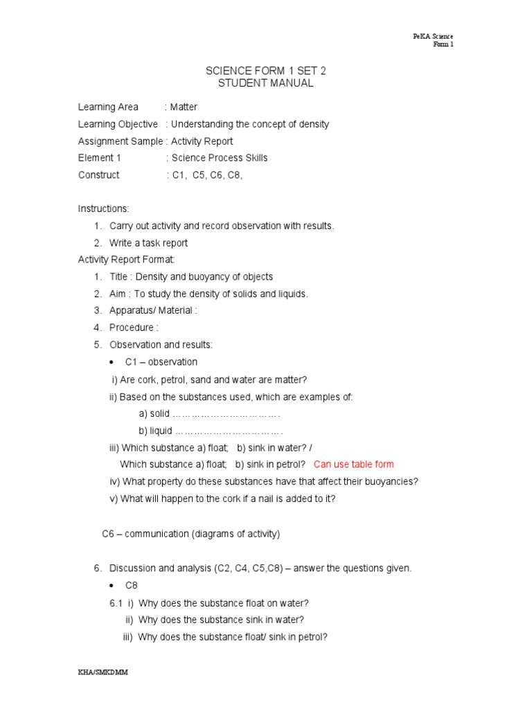 Science Form 1 Set 2 Student Manual | PDF | Density | Buoyancy