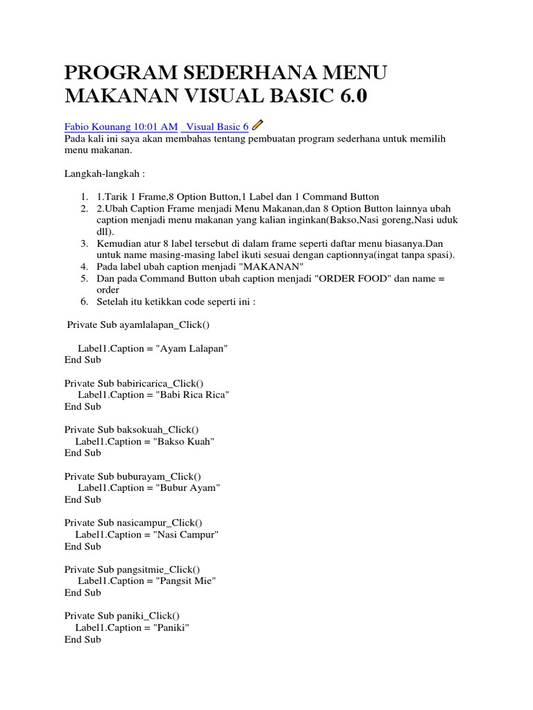 Program Sederhana Menu Makanan Visual Basic 6 | PDF