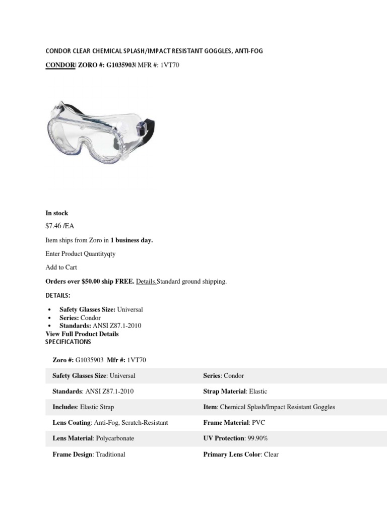 Condor Clear Chemical Splash/Impact Resistant Goggles, Anti-Fog | PDF ...