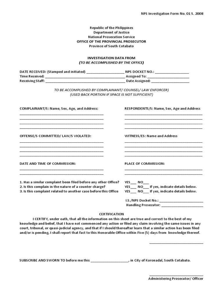 Office Of The Provincial Prosecutor | Prosecutor | Complaint