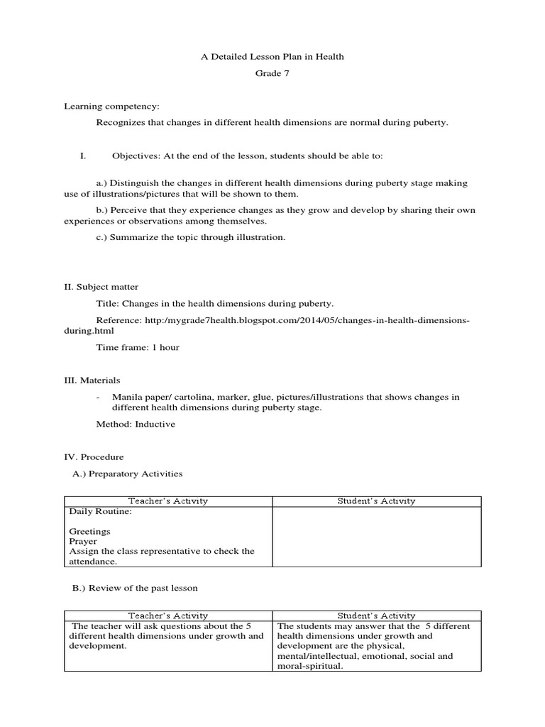 A Detailed Lesson Plan in Health | PDF | Adolescence | Lesson Plan