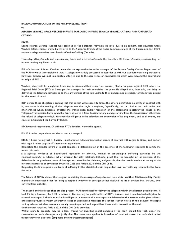 RCPI Telegram Delay and Moral Damages | PDF | Damages | Tort