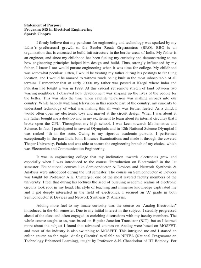 Sparsh Chopra Personal Statement | PDF | Electronics | Electrical Engineering