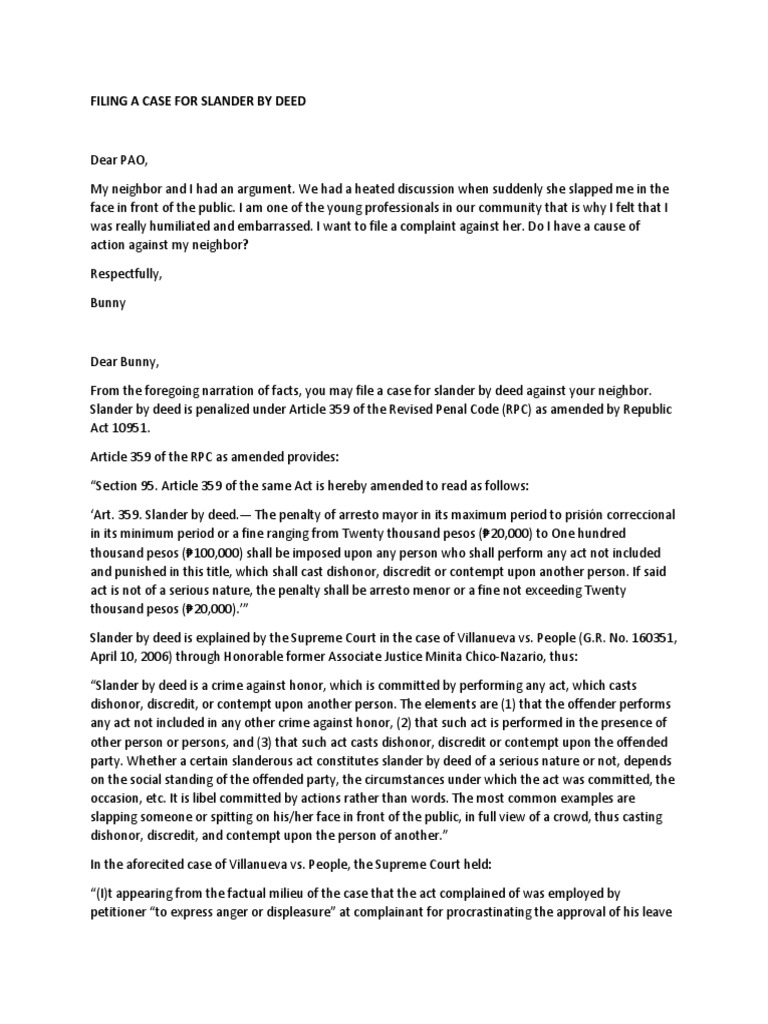 Understanding Slander by Deed in the RPC | PDF | Defamation | Contempt ...