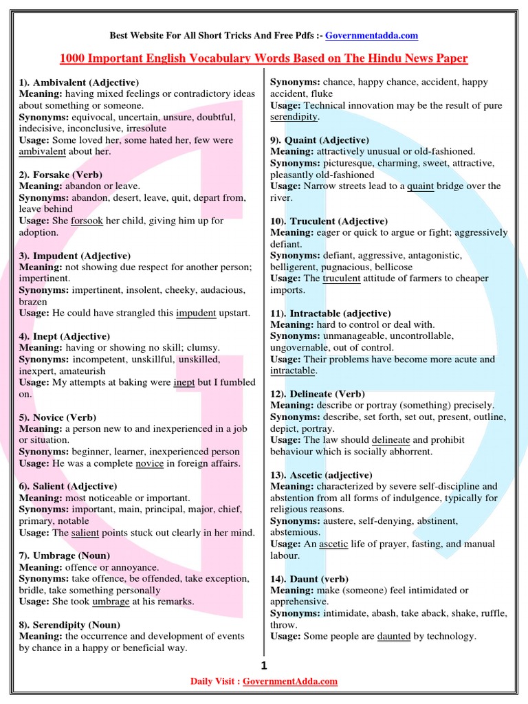 1000 Essential Vocabulary Words | PDF | Handcuffs | Adjective