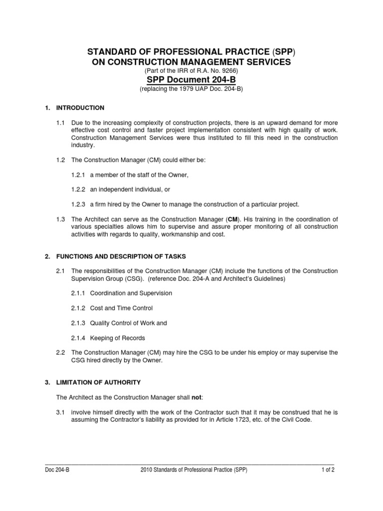 Standard of Professional Practice (SPP) On Construction Management ...