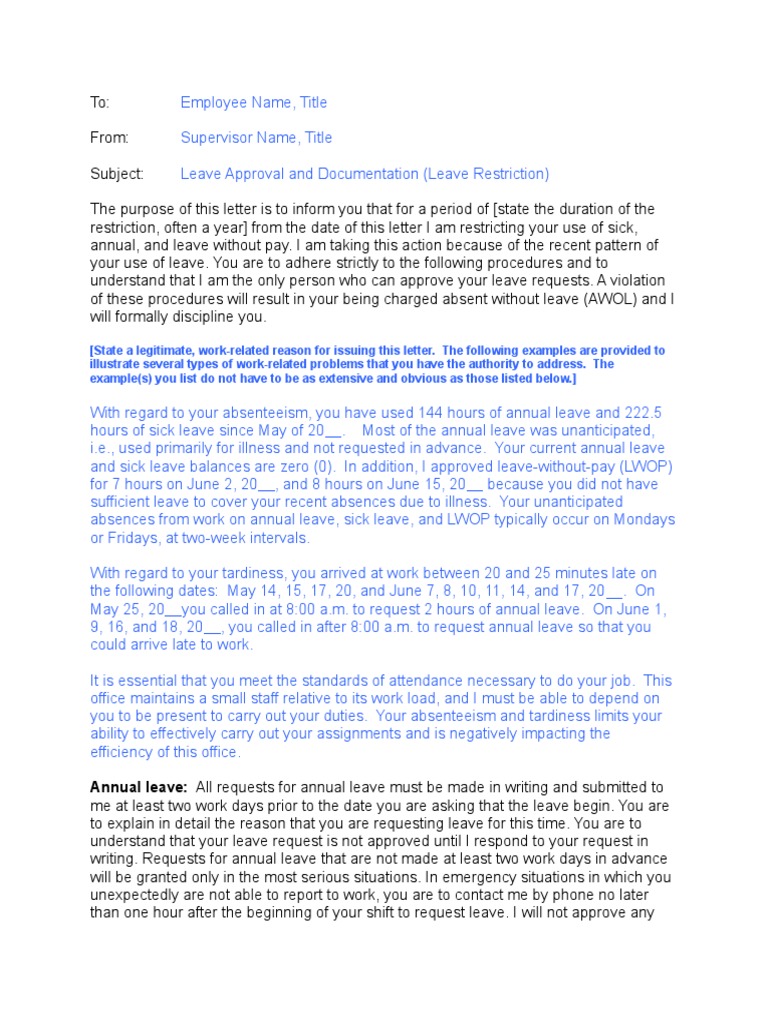 Sample Leave Restriction Letter | PDF | Physical Examination | Medical ...