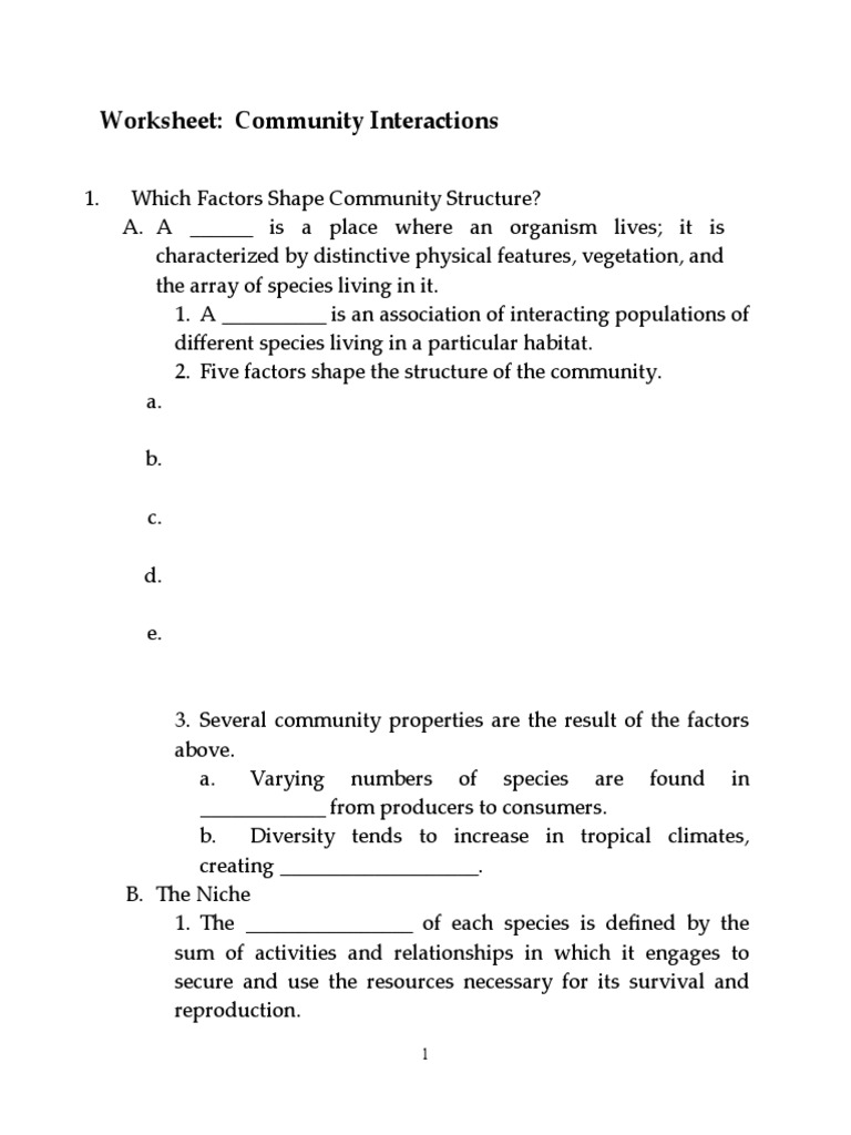 Community Interactions Worksheet | PDF | Predation | Biodiversity