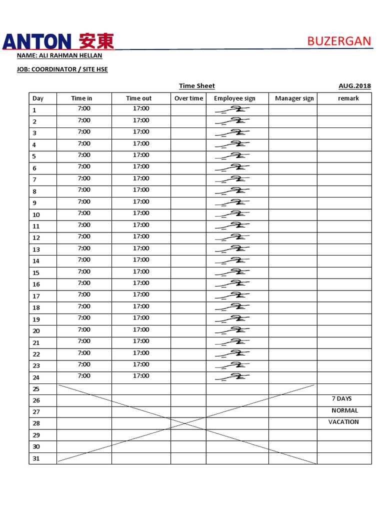 August 2018 HSE Coordinator Timesheet | PDF