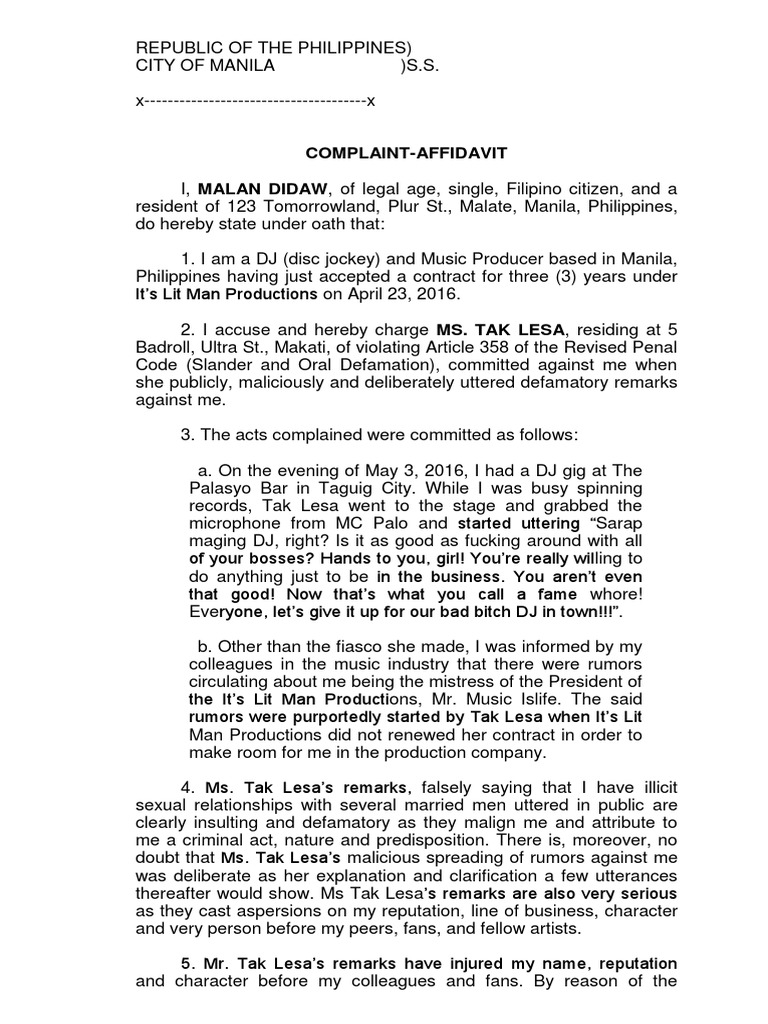 Sample Complaint-Oral Defamation | PDF | Defamation | Justice Sample Complaint-Oral Defamation | PDF | Defamation | Justice