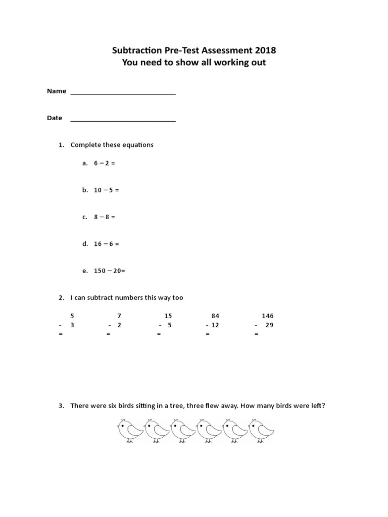 Subtraction Pre-Test Assessment 2018 You Need To Show All Working Out | PDF