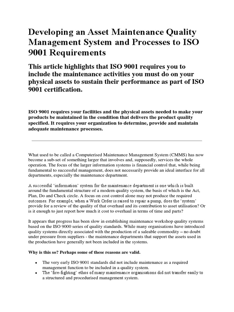 Developing An Asset Maintenance Quality Management System and Processes ...