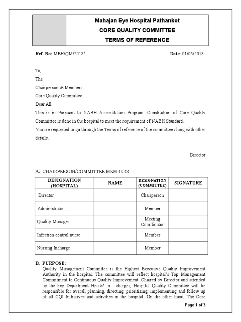 Core Quality Committee - Tor Done | PDF | Quality Management | Health Care