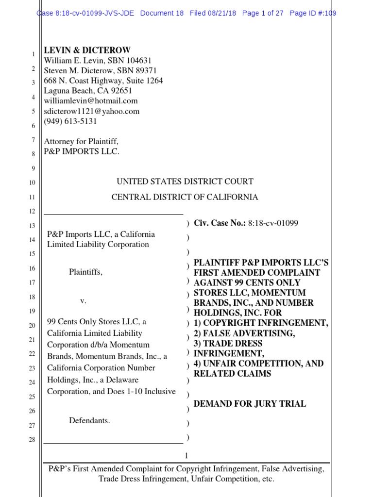 P and P Imports v. 99 Cents Only Stores - Amended Complaint | PDF ...
