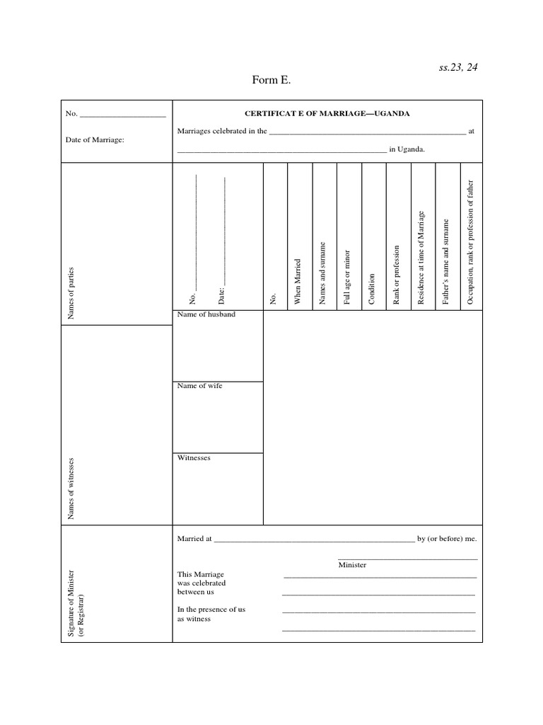 Certificate of Marriage Form E - Uganda | PDF | Marriage | Social ...