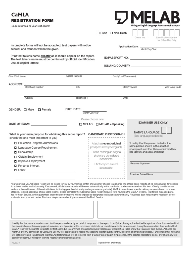 MELAB RegForm2015 Secure | PDF | Identity Document | Test (Assessment)