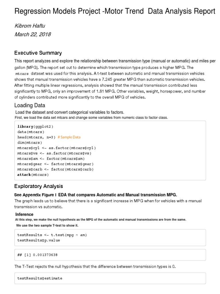 Regression Models Course Project | PDF | P Value | Regression Analysis