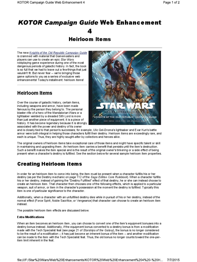 KotOR Campaign Guide WE 4 - Heirloom Items | PDF | Role Playing Games ...