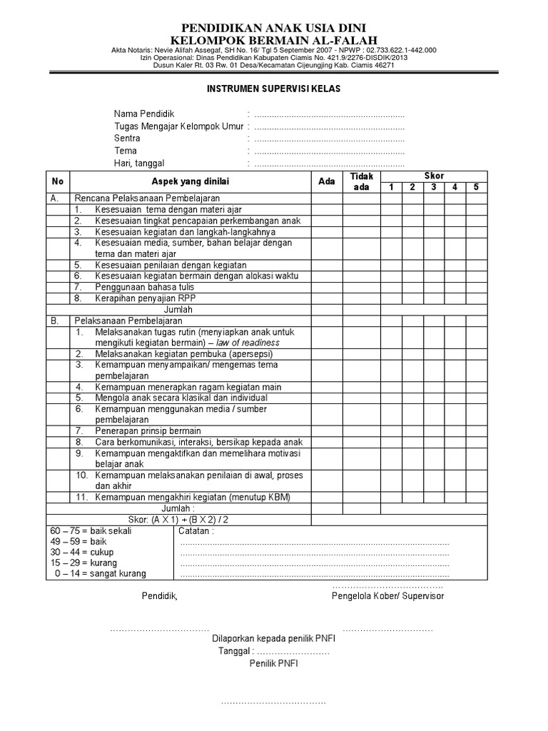 Instrumen Supervisi Kelas | PDF | Karier & Perkembangan