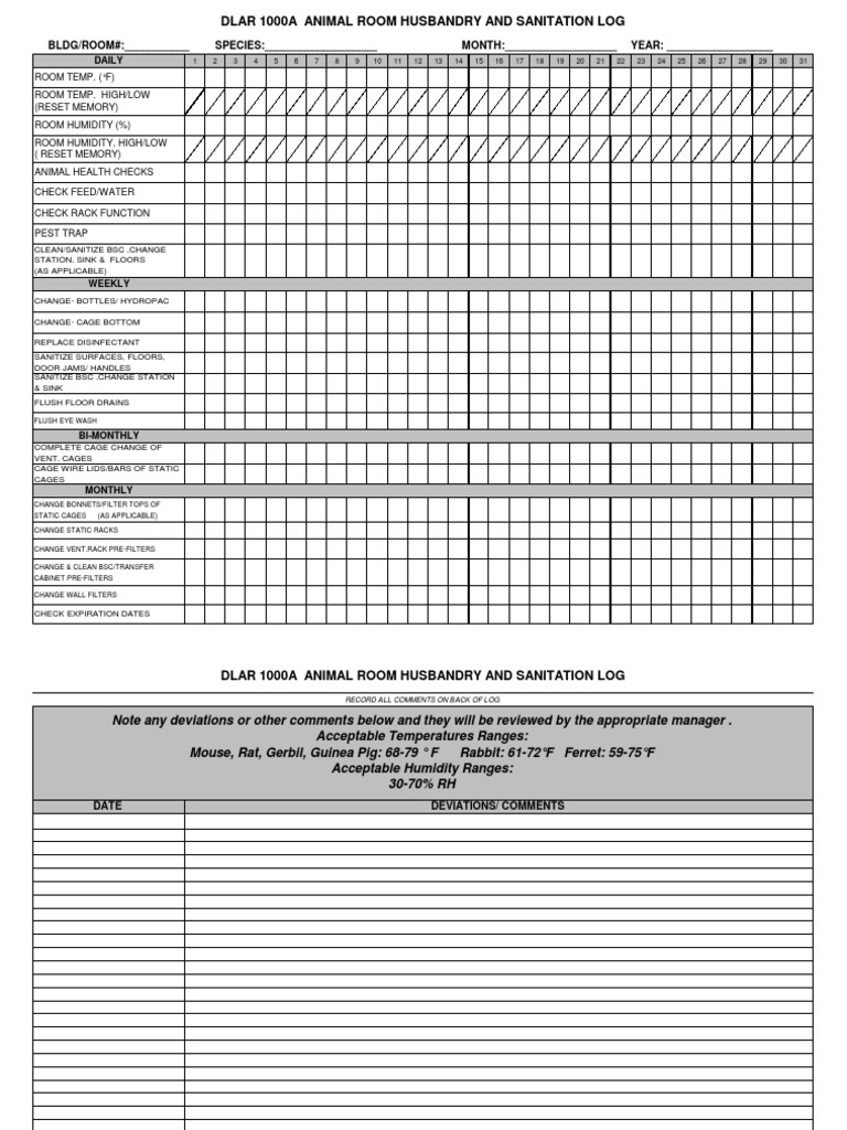 DLAR 1000A -Attachment Animal Room Husbandry and Sanitation Log