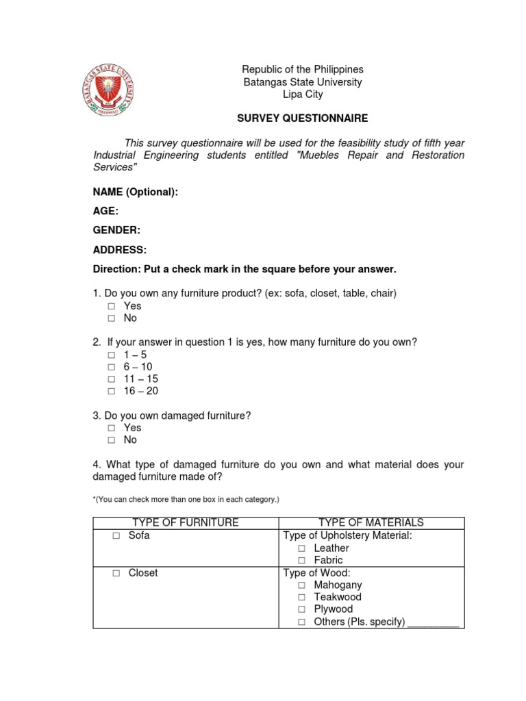 Furniture Repair Feasibility Survey | PDF | Upholstery | Furniture