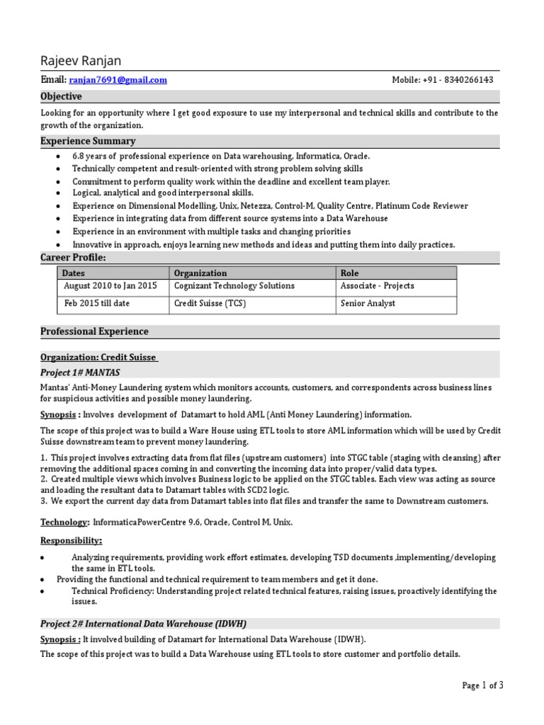 Rajeev Ranjan 6.6yrs Informatica | PDF | Data Warehouse | Money Laundering