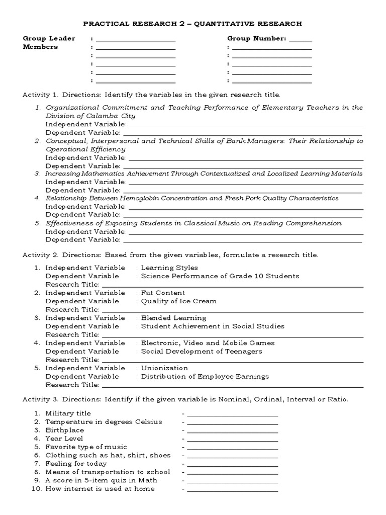 Activity Variables | PDF | Dependent And Independent Variables | Level ...