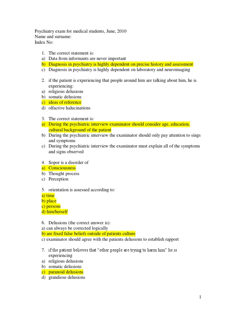 Psychiatry exam | Schizophrenia | Delusion