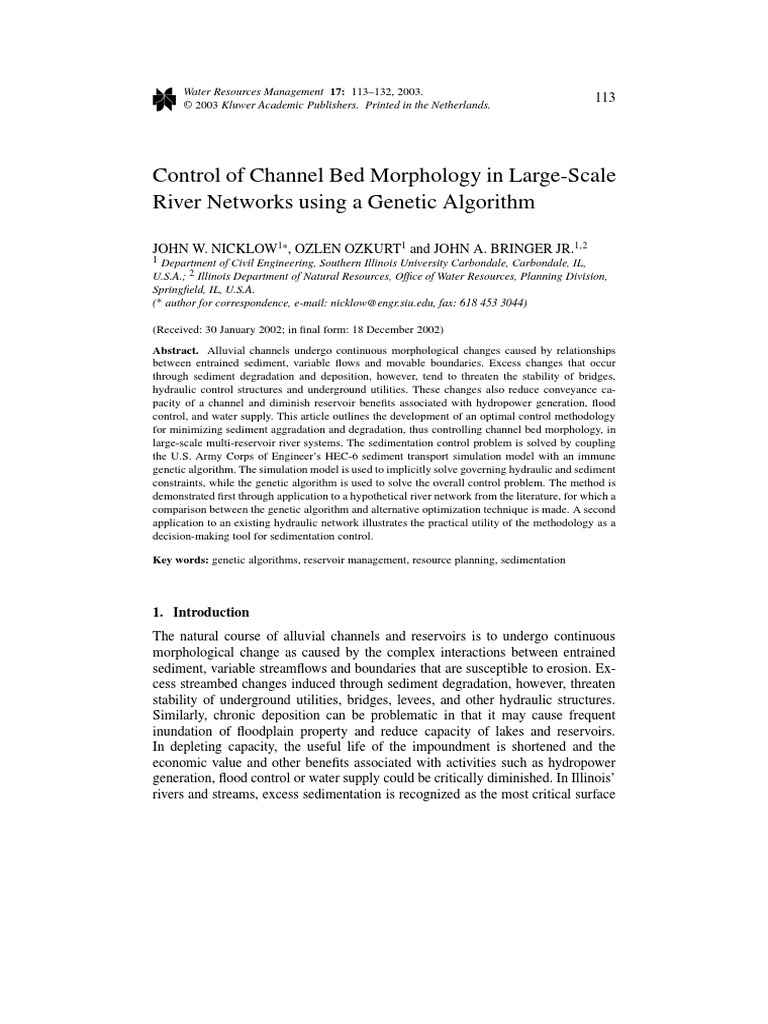 Art - Control of Channel Bed Morphology in Large-Scale River Networks Using A Genetic Algorithm ...