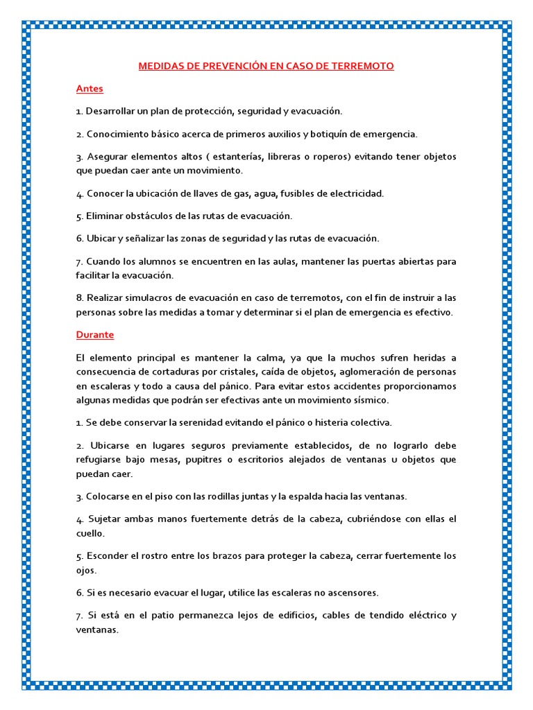 Medidas de Prevención ante Terremotos | PDF | Temblores | Primeros auxilios