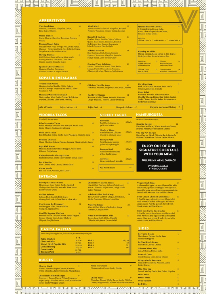 Vidorra Dinner Menu