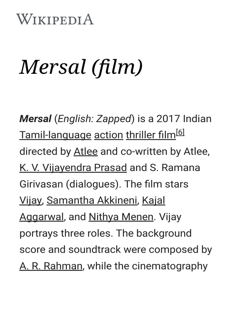 Mersal (Film) - Wikipedia PDF | PDF | Cinema Of India | Leisure