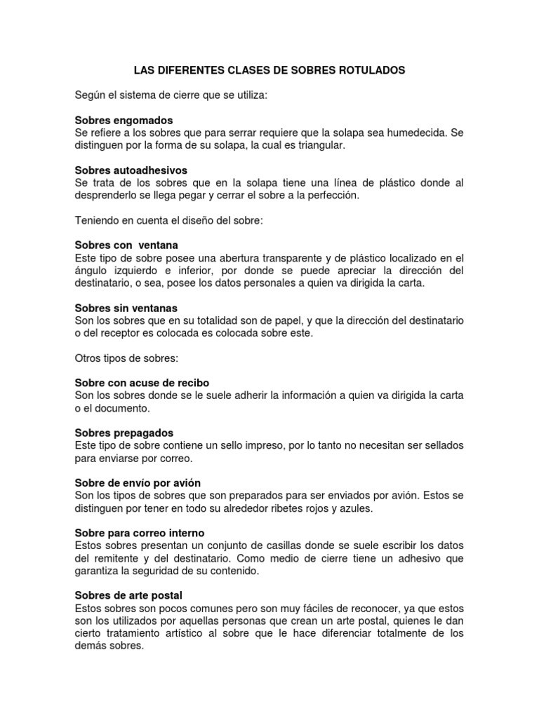 Las Diferentes Clases de Sobres Rotulados | Descargar gratis PDF | Correo