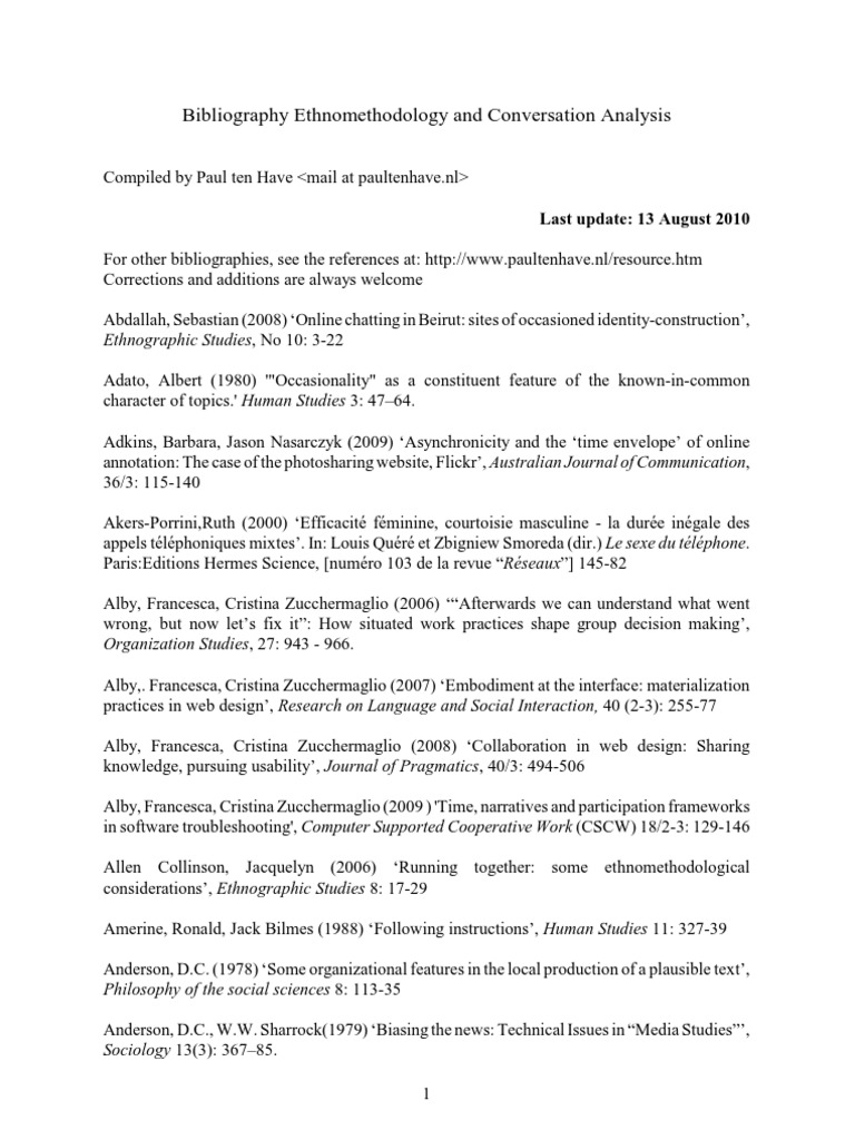 Ethnomethodology and Conversation Analysis Bibliography | PDF ...