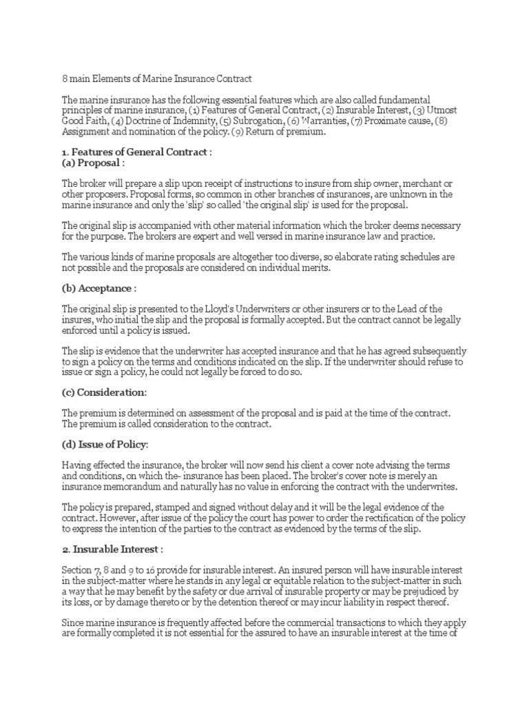8 Main Elements of Marine Insurance Contract | PDF | Insurance | Indemnity
