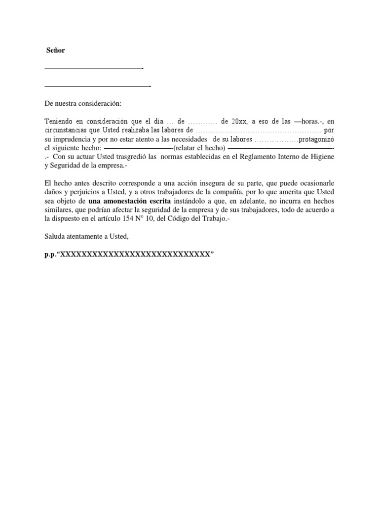 Modelo De Carta De Amonestacion Por Incumplimiento De