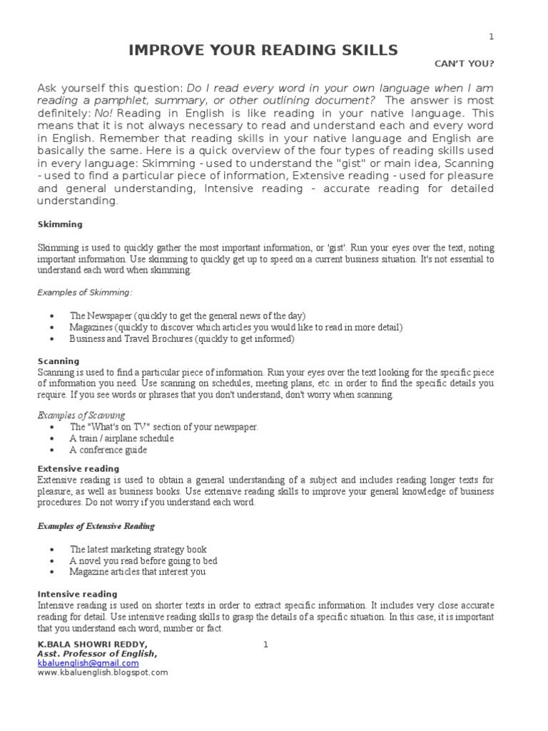 Improve Your Reading Skills For 3rd B.tech Cec | PDF | Speed Reading | Reading (Process)