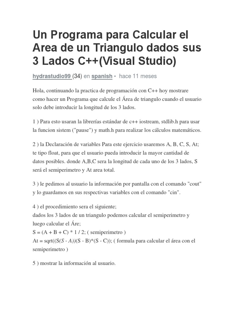 Un Programa para Calcular El Area de Un Triangulo Dados Sus 3 Lados C ...