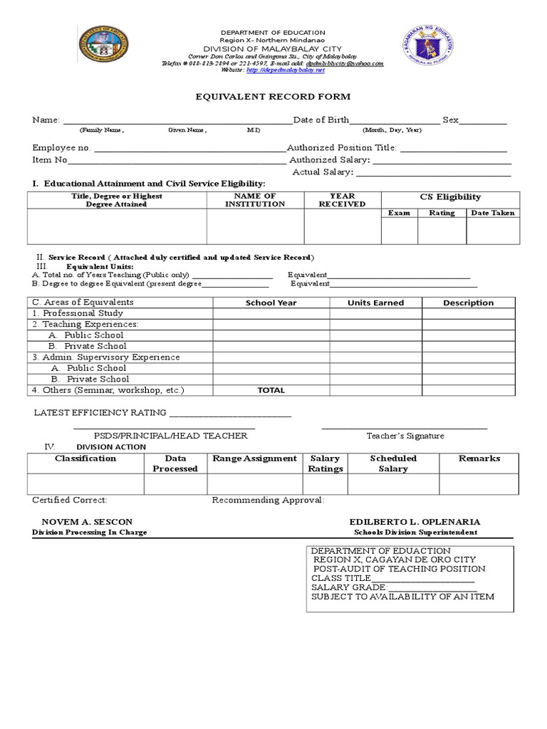 DepEd Malaybalay Equivalent Record Form | PDF | Teachers | Behavior ...