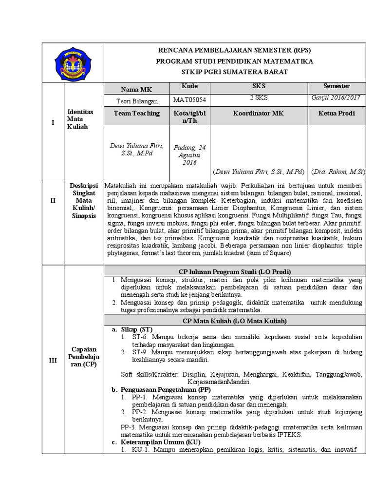 RPS Teori Bilangan Ganjil 2016-2017 | PDF