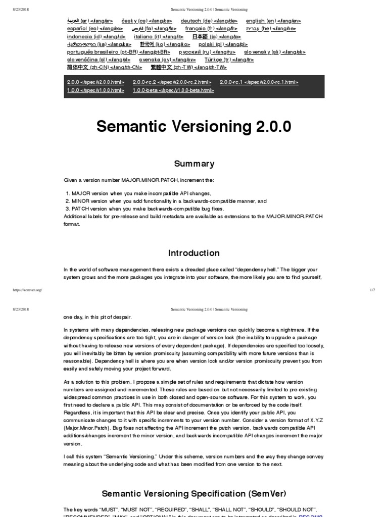 Semantic Versioning 2.0.0: 2.0.0 2.0.0-rc.2 2.0.0-rc.1 1.0.0 1.0.0-Beta ...