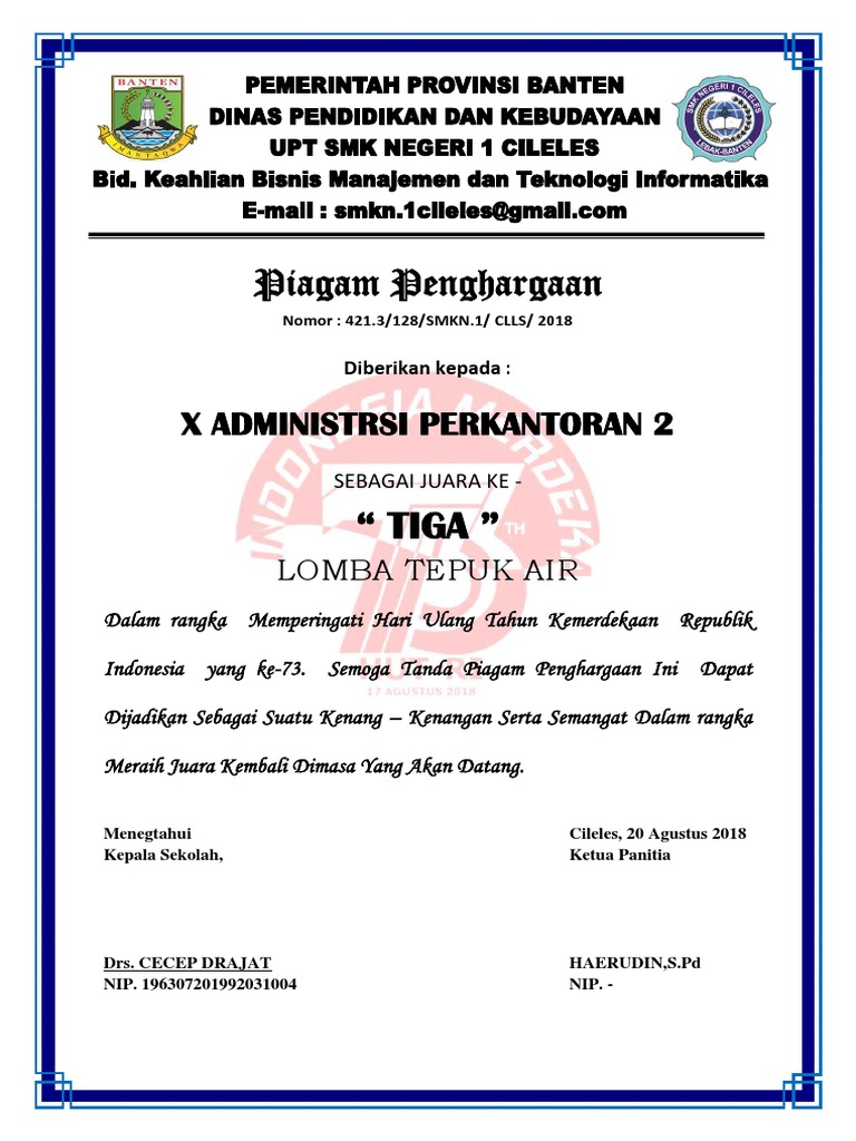 Piagam Penghargaan Juara Lomba HUT RI | PDF
