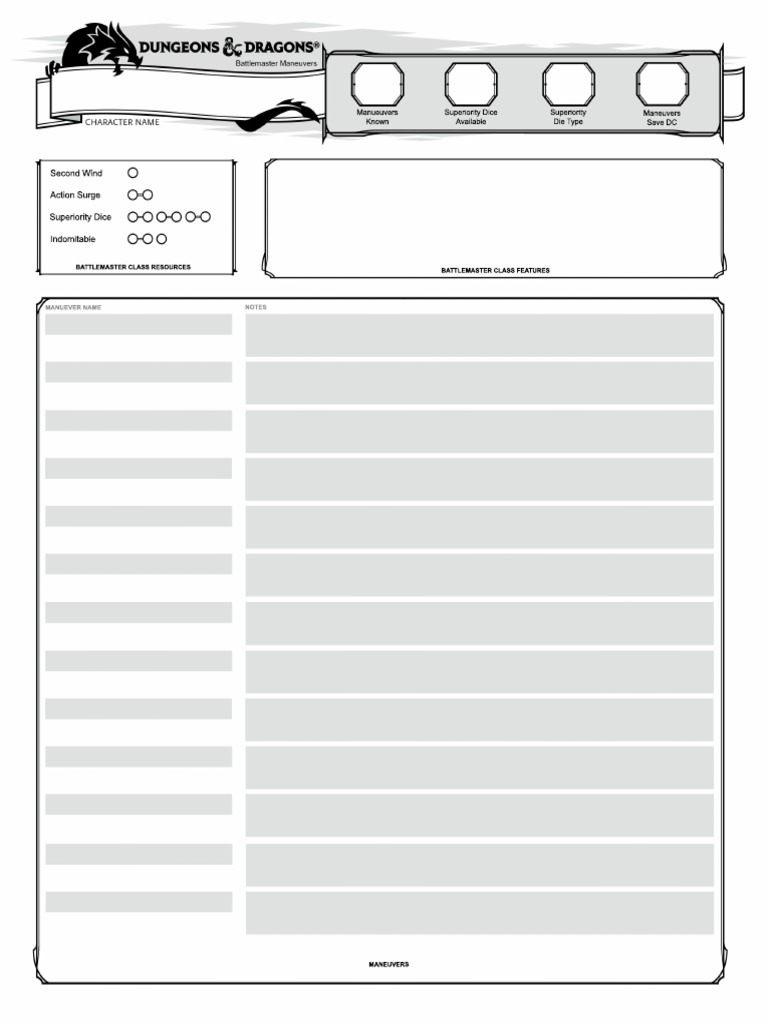 Battlemaster Reference Sheetform Fillable 
