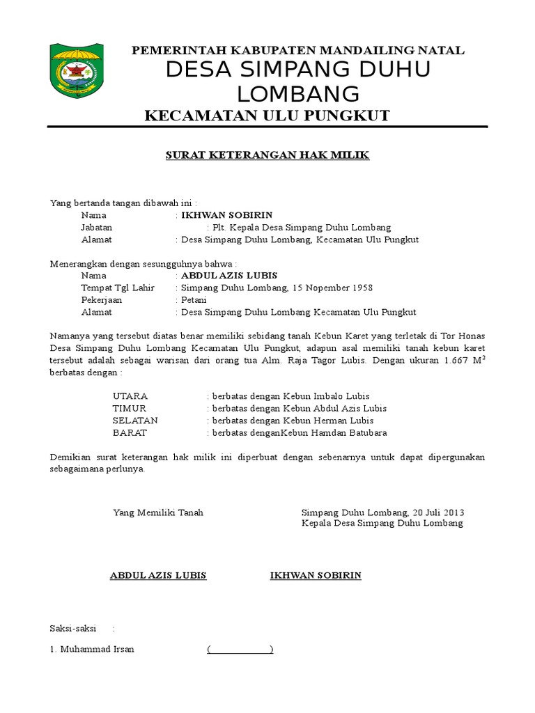 Surat Keterangan Hak Milik | PDF