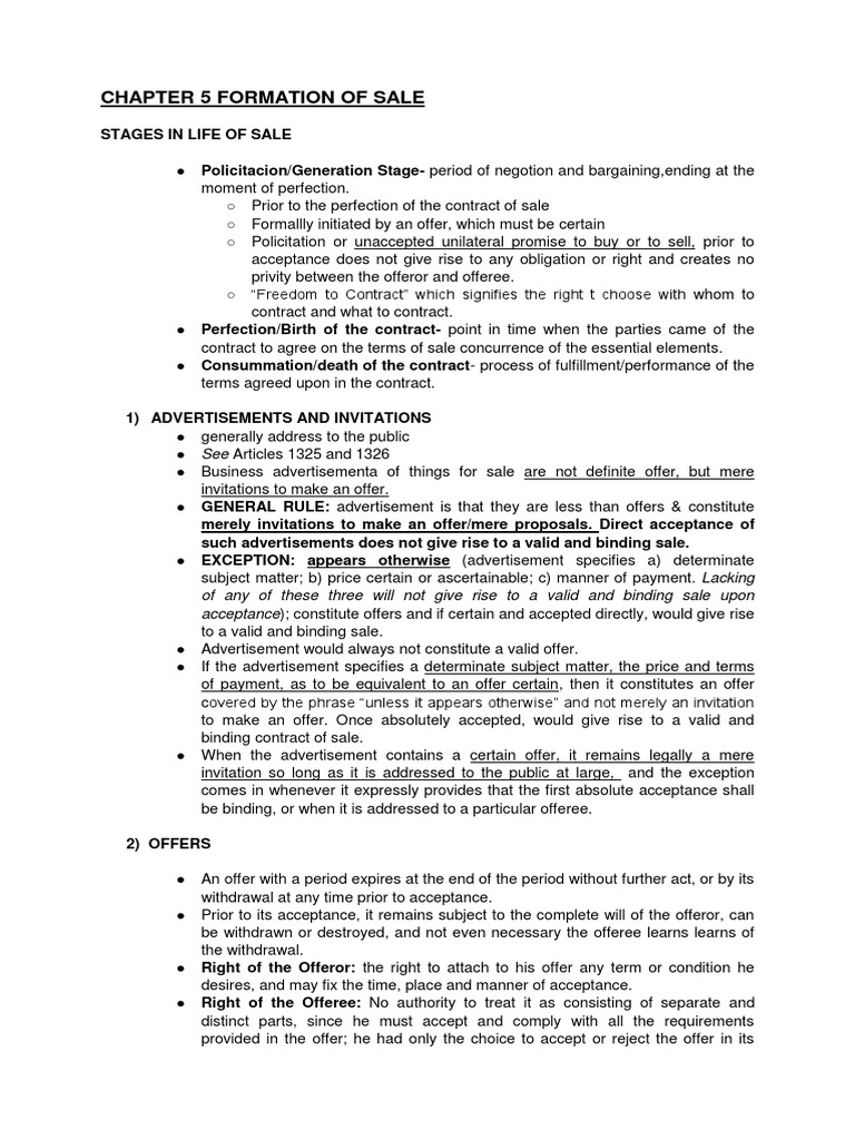 Chapter 5 Formation of Sale | PDF | Offer And Acceptance | Consideration