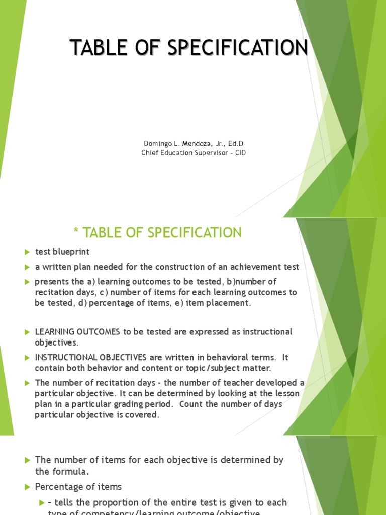 Table of Specification Presentation by Dr. Mendoza | Educational ...