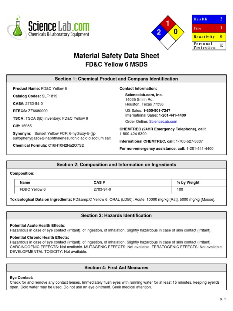 FD&C Yellow 6 MSDS: Section 1: Chemical Product and Company ...