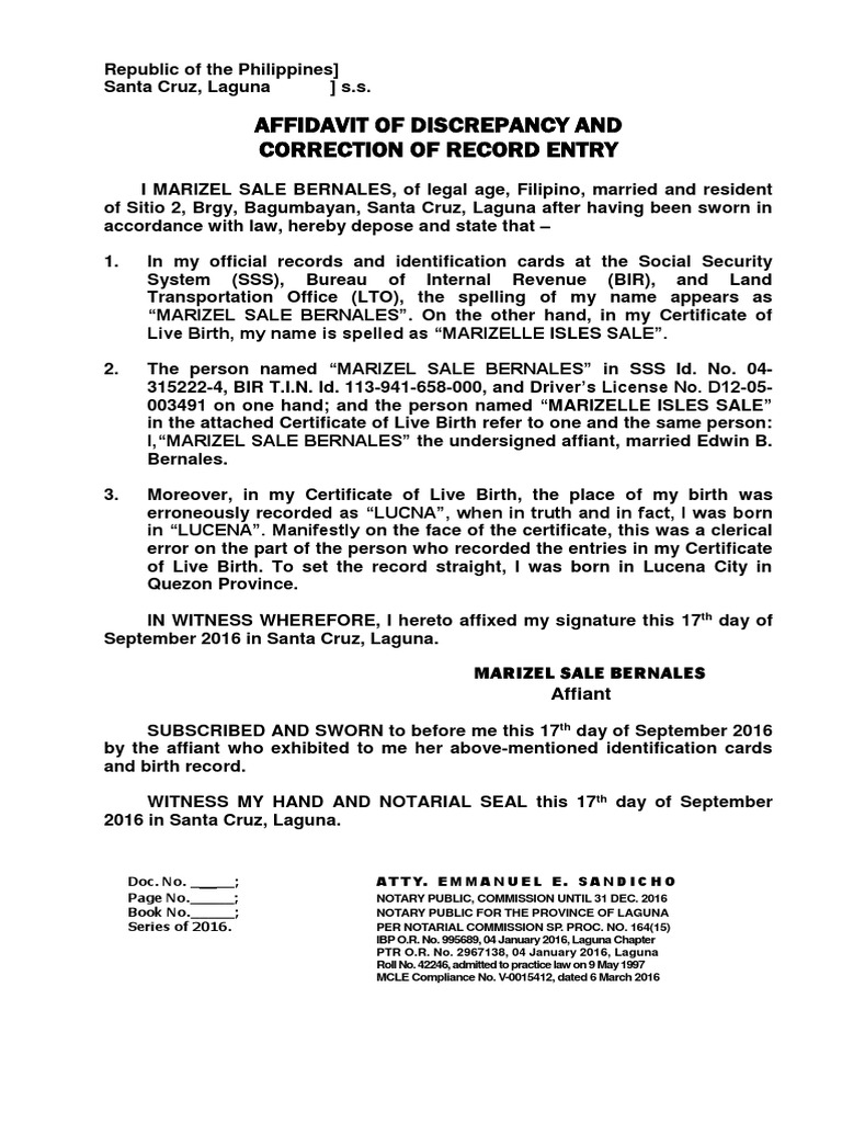 Affidavit of Discrepancy and Correction of Record Form-1 | PDF ...
