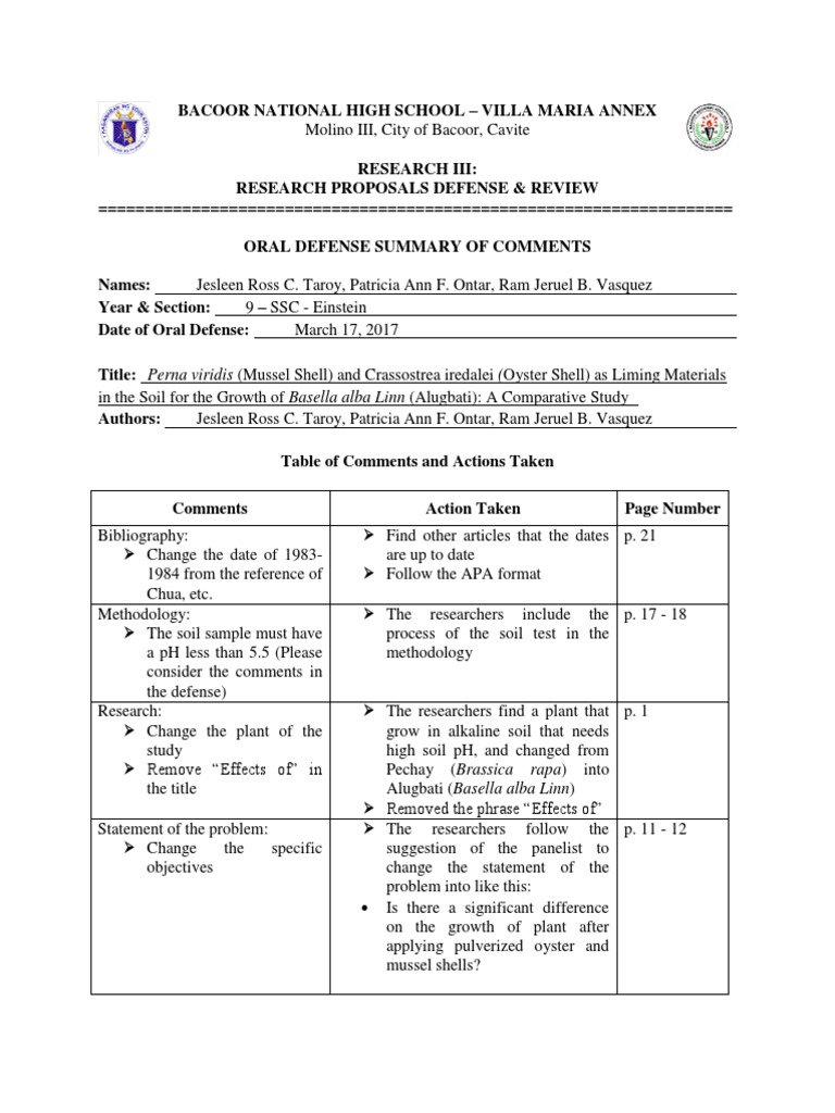 Oral Defense Summary of Comments | Hypothesis | Scientific Method